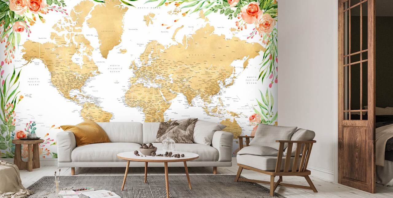 Floral Detailed World Map Wallpaper | Wallsauce UK
