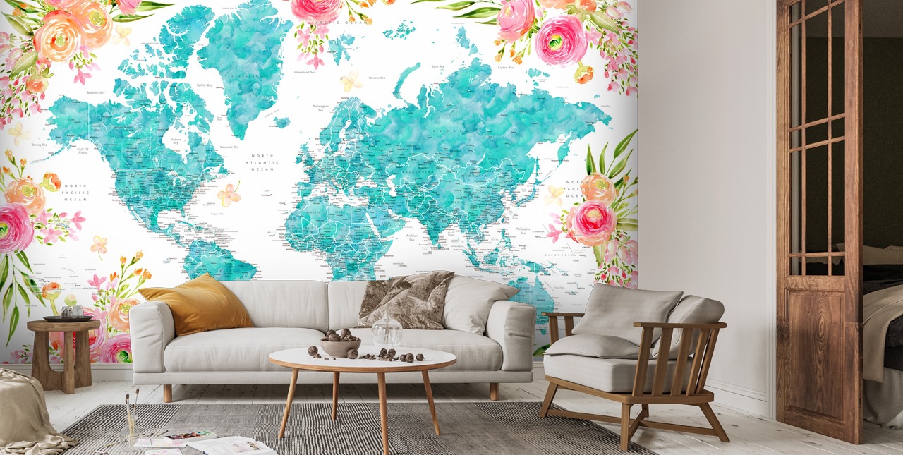 Bright Floral World Map Wallpaper | Wallsauce US
