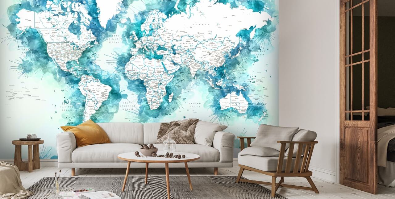 Antarctic Teal World Map Wallpaper | Wallsauce US