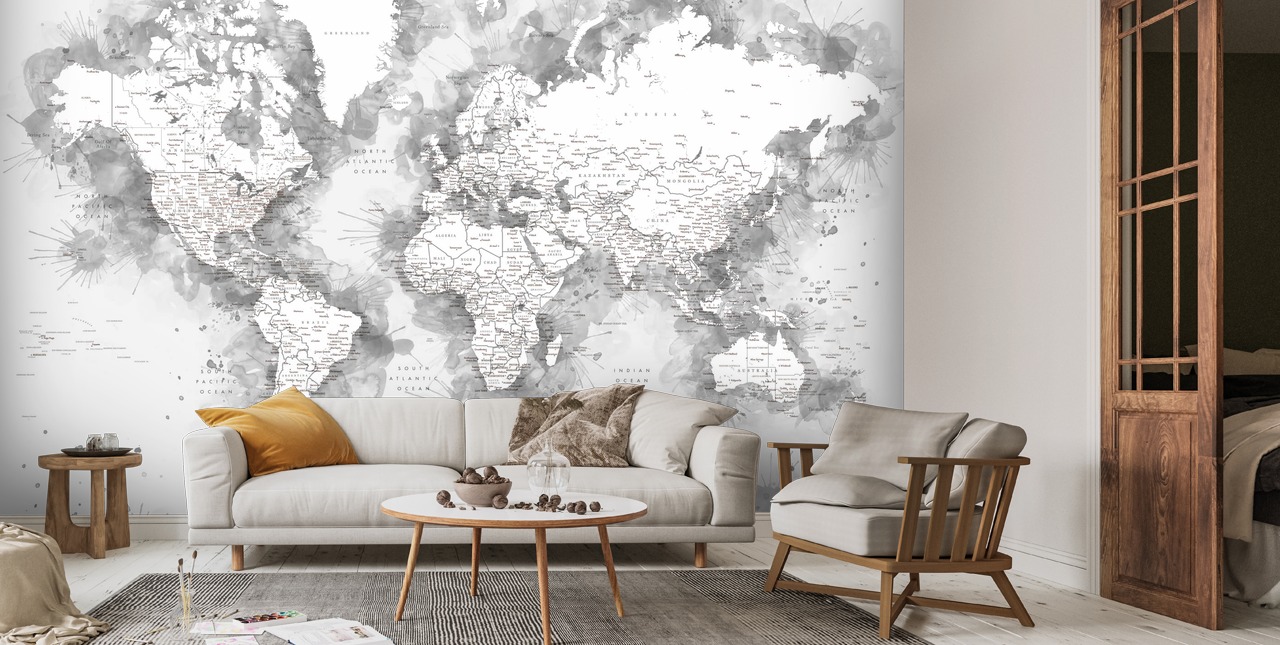 Grey Watercolour World Map Wallpaper | Wallsauce US