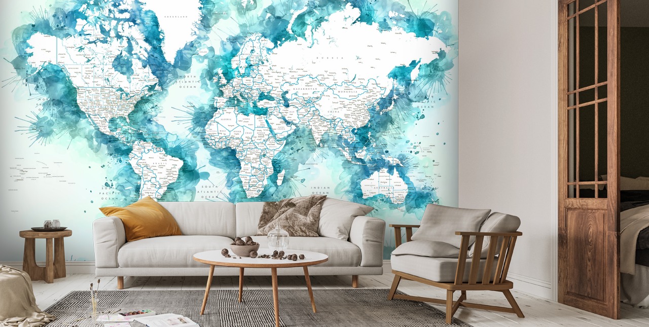 Teal Watercolour Map Wall Mural | Wallsauce US
