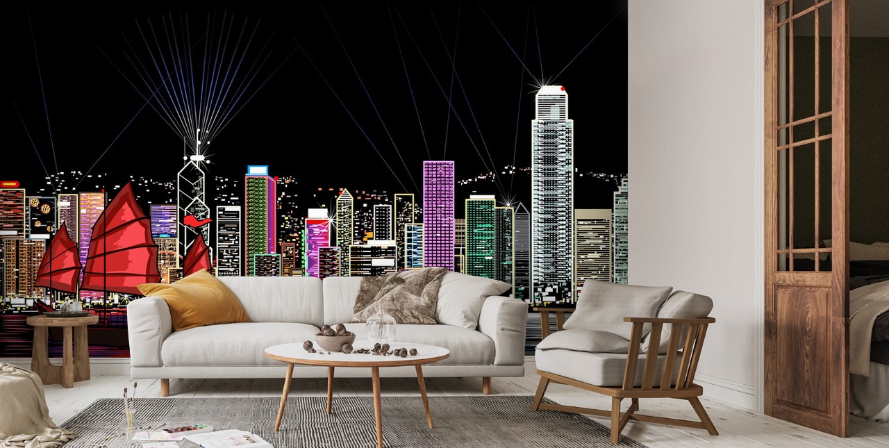 Hongkong bei Nacht Retro Wandgemälde | Wallsauce DE