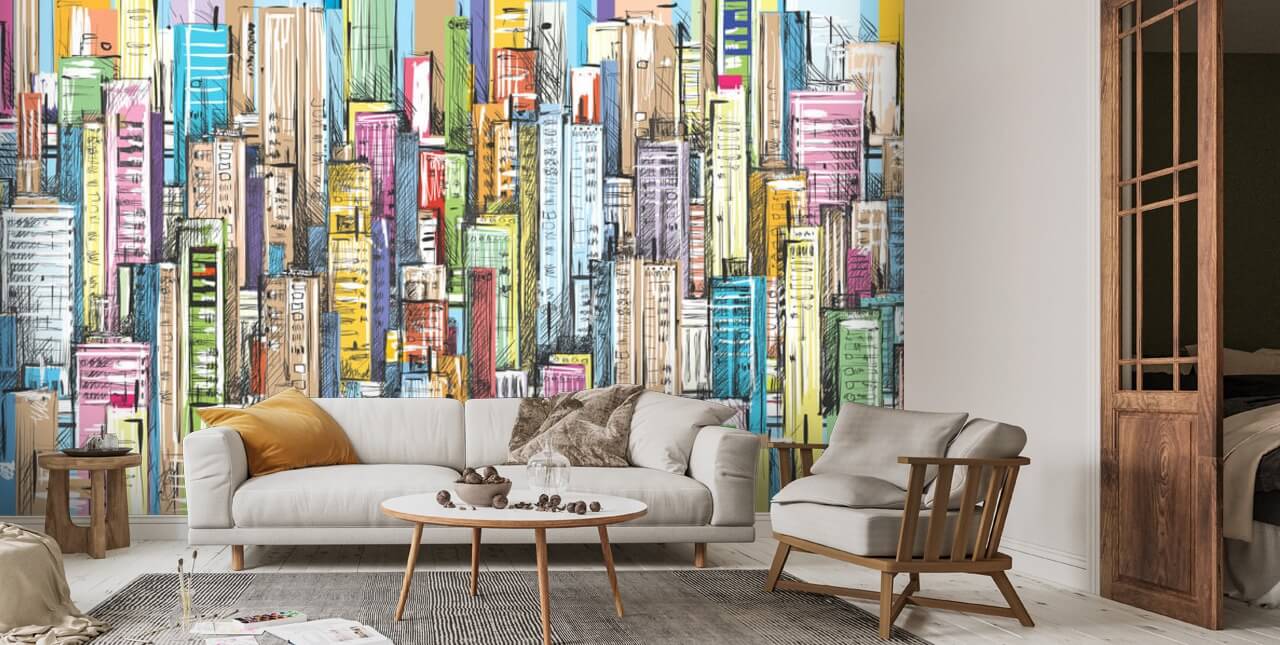 Hand getekend stadsgezicht behang | Wallsauce NL