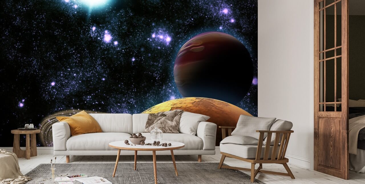 Abstracte planeten met muurschildering van sternevel | Wallsauce NL