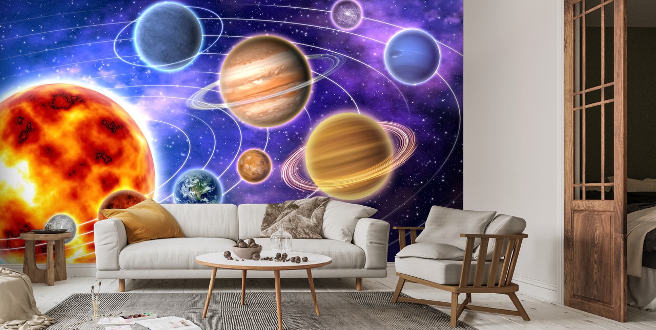 Planets Orbiting Sun Wall Mural | Wallsauce US