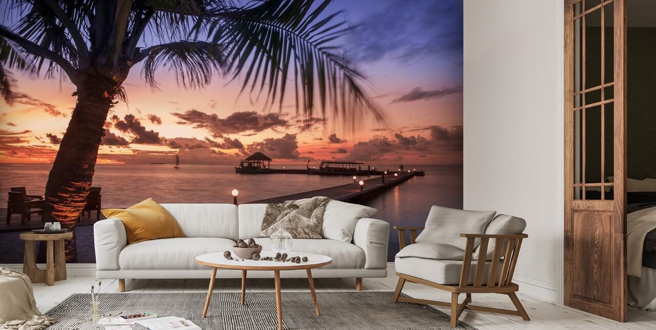 Malediven strandbomen bij zonsondergang muurschildering | Wallsauce NL
