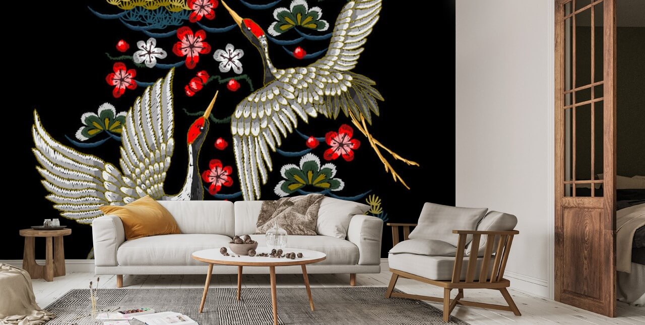 Geborduurd Japans kranen behang | Wallsauce NL