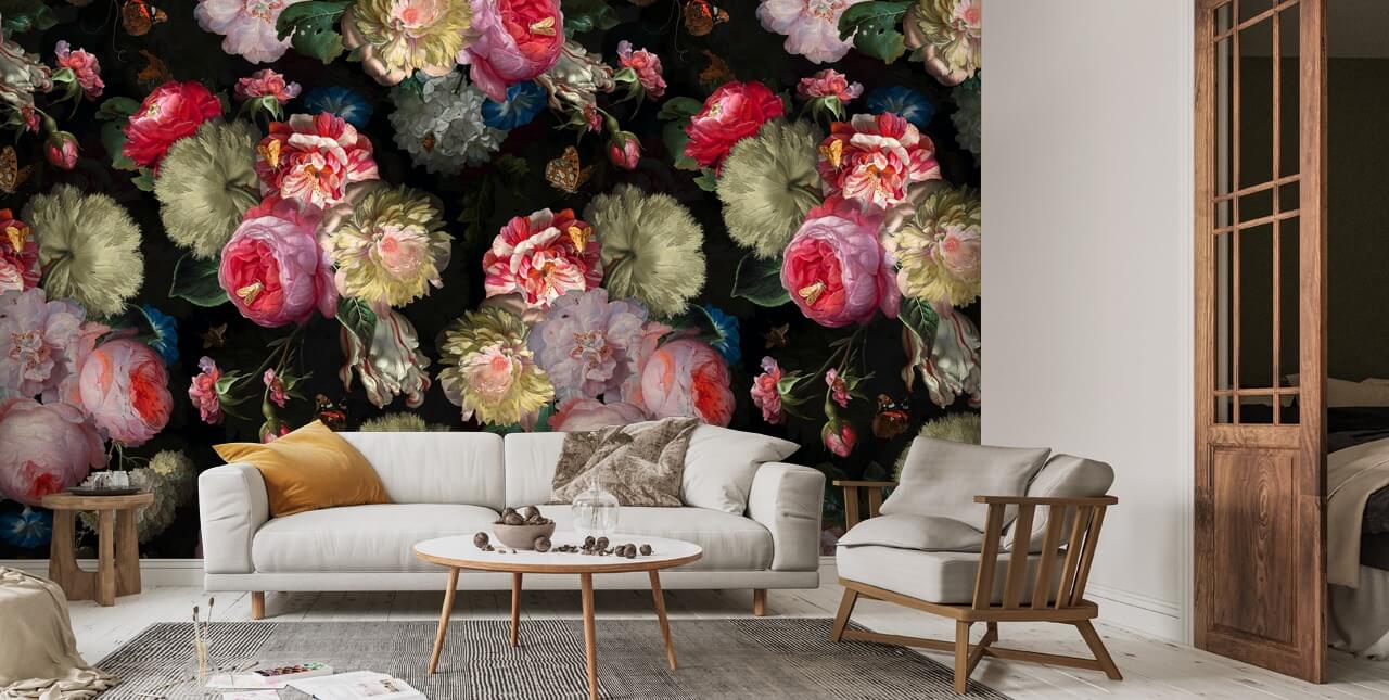 Pink Rose and Foliage Wall Mural | Wallsauce US