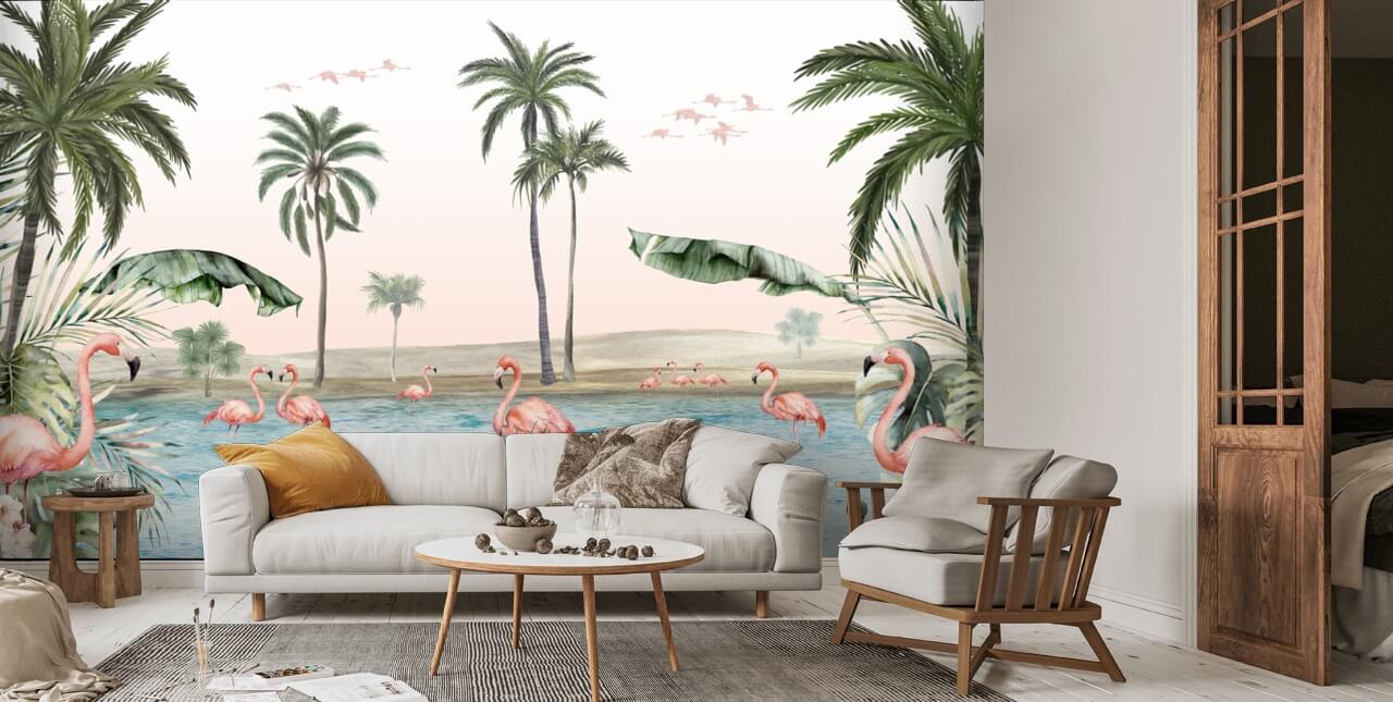 Flamingo Oasis Wallpaper Mural | Wallsauce US