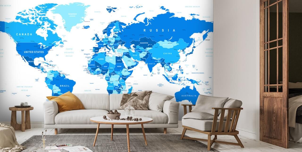 Detailed World Map in Blue Wallpaper | Wallsauce UK