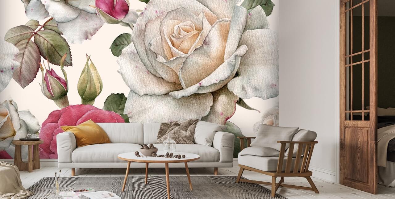 Light White and Pink Roses Wallpaper Mural | Wallsauce UK