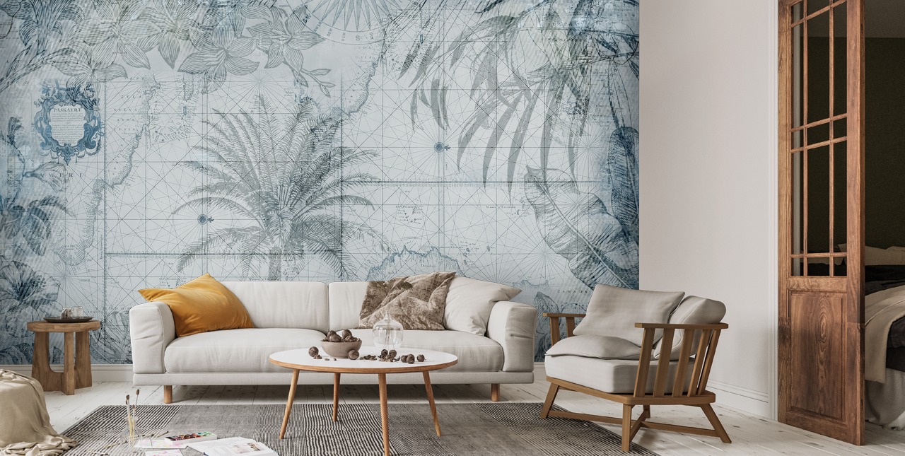 Blue Tropical Fauna and Map Wall Mural | Wallsauce US