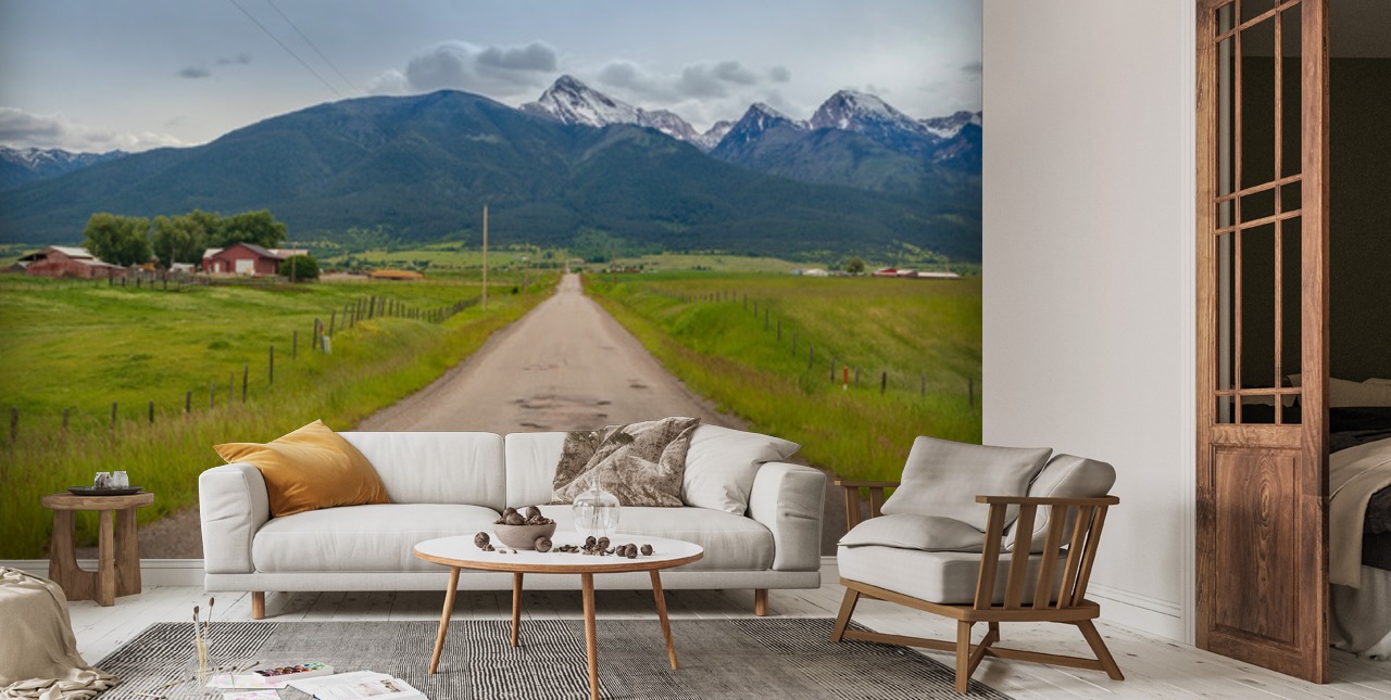 Panorama of Mission Mountain range in Montana with country ranch house ...