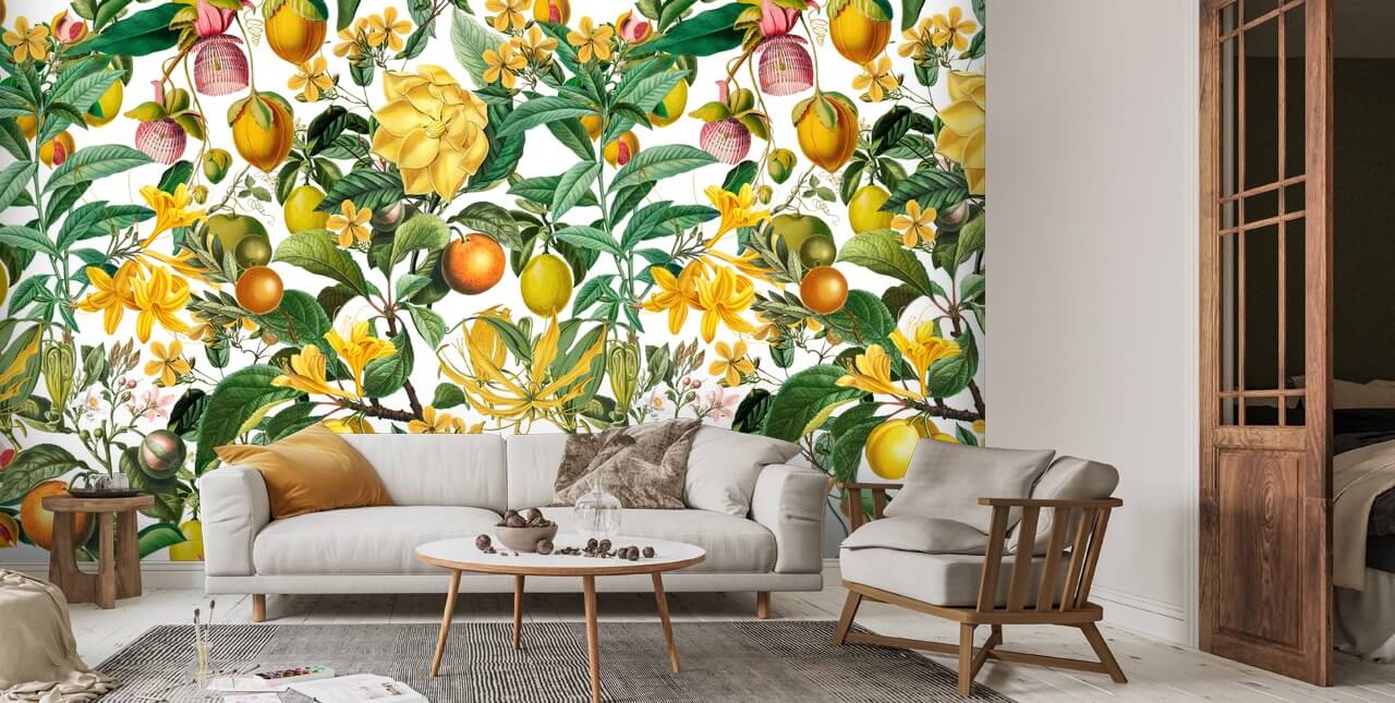 Gul frukt och blomsteraffisch | Wallsauce SE