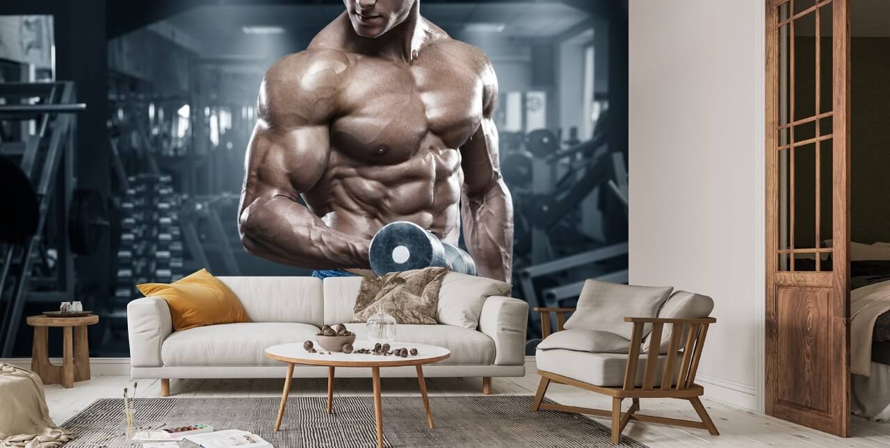 Bodybuilder in de muurschildering van de sportschool | Wallsauce NL
