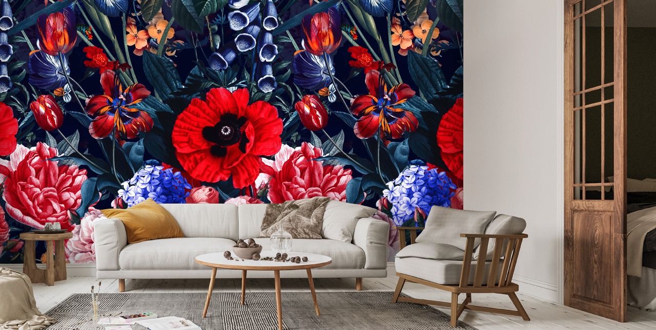Red and Blue Garden Wallpaper Mural | Wallsauce UK