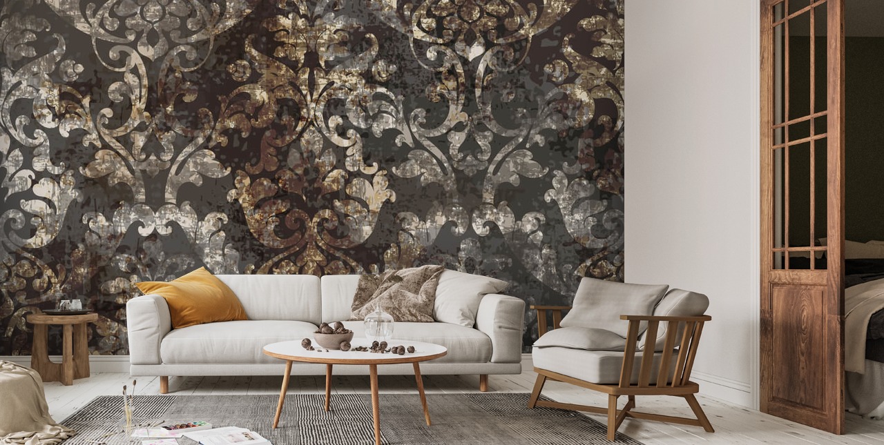 Distressed Dark Damask Wallpaper Mural | Wallsauce UK