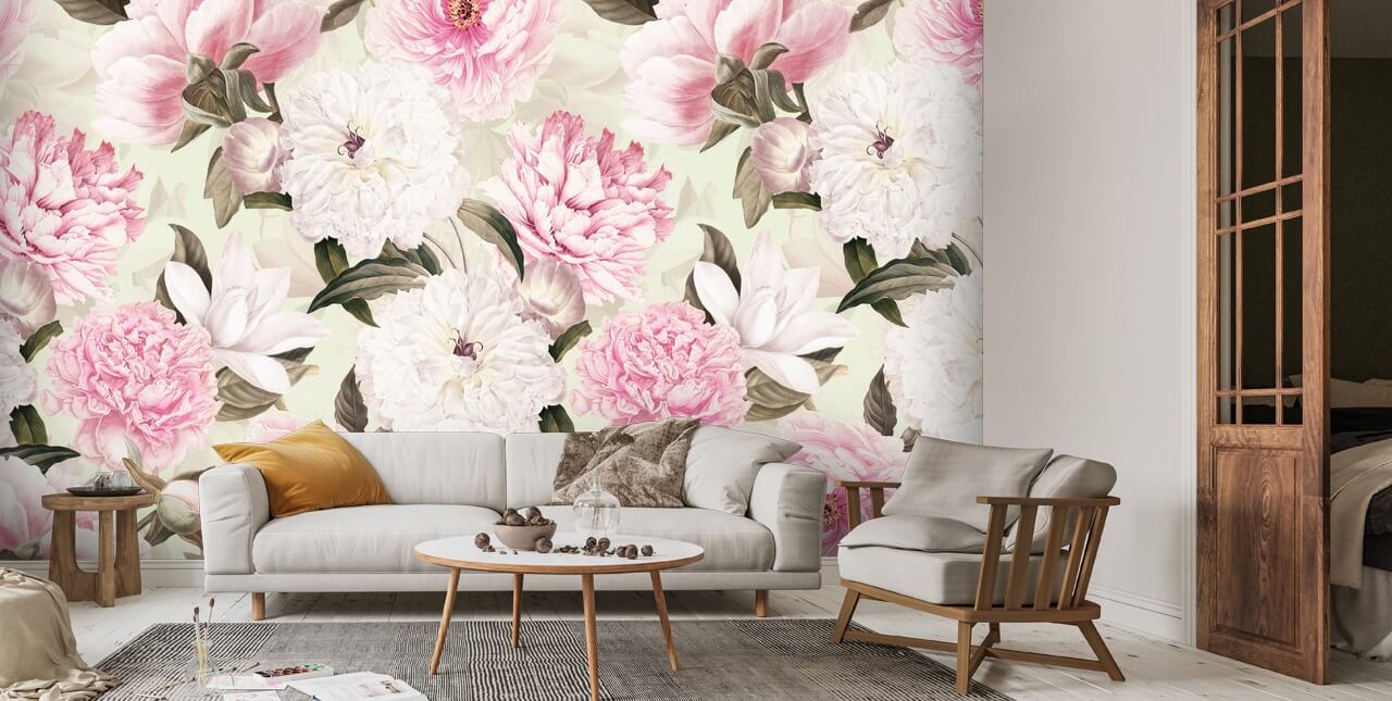 Peonies Spring Garden Wall Mural | Wallsauce UK