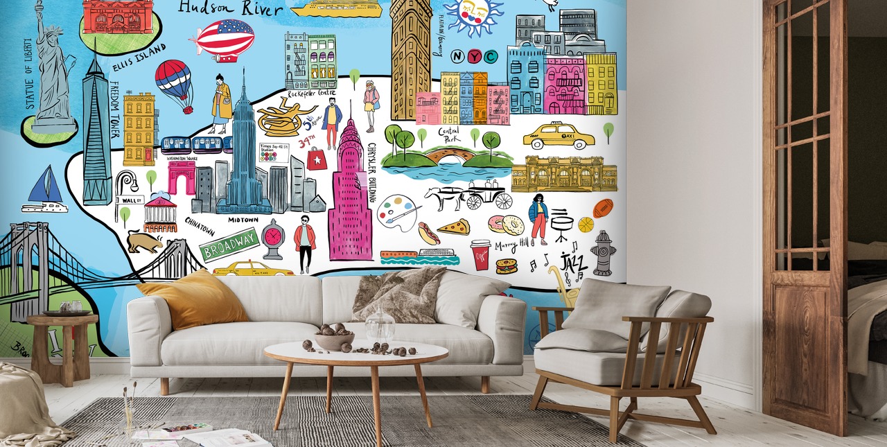 Colourful New York Map Wall Mural | Wallsauce UK