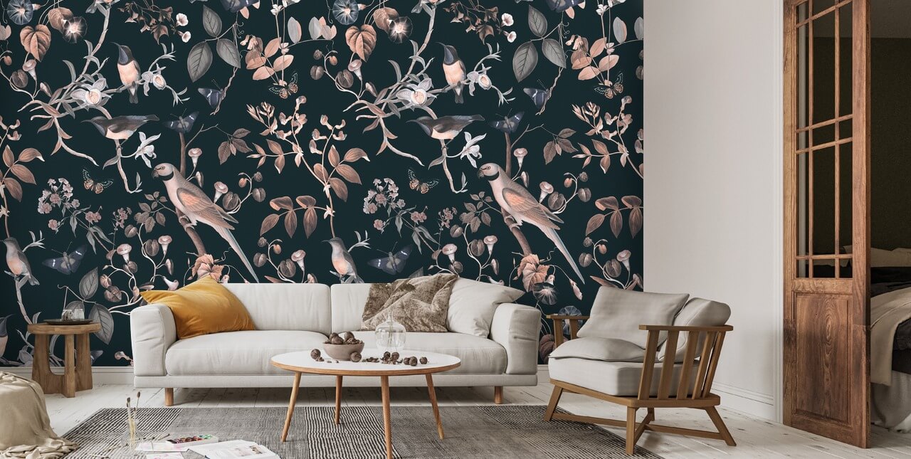 Nostalgic Spring Bird Garden Dark Wallpaper | Wallsauce US