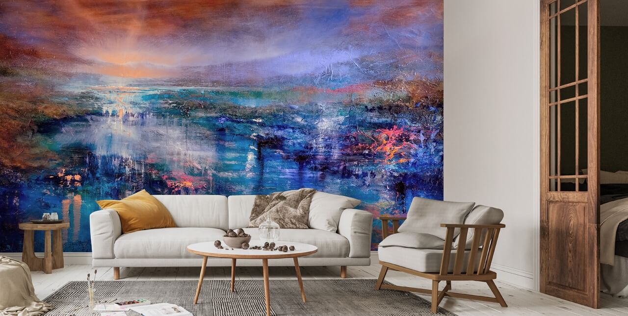 2127 De gouden zon in een violette lucht muurschildering | Wallsauce NL