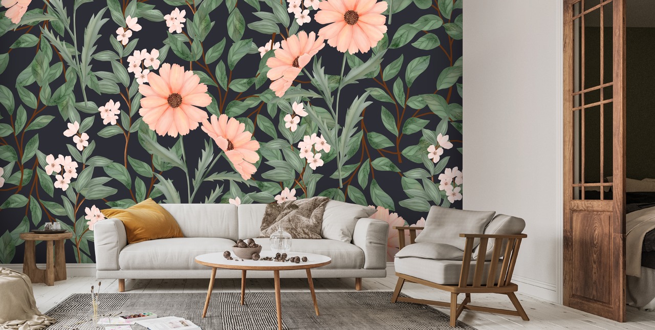 Blush Flower Foliage Wall Mural | Wallsauce EU