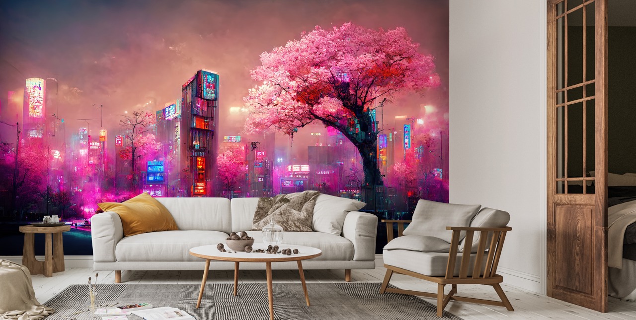 Pink Fantasy Cityscape Wall Mural | Wallsauce US