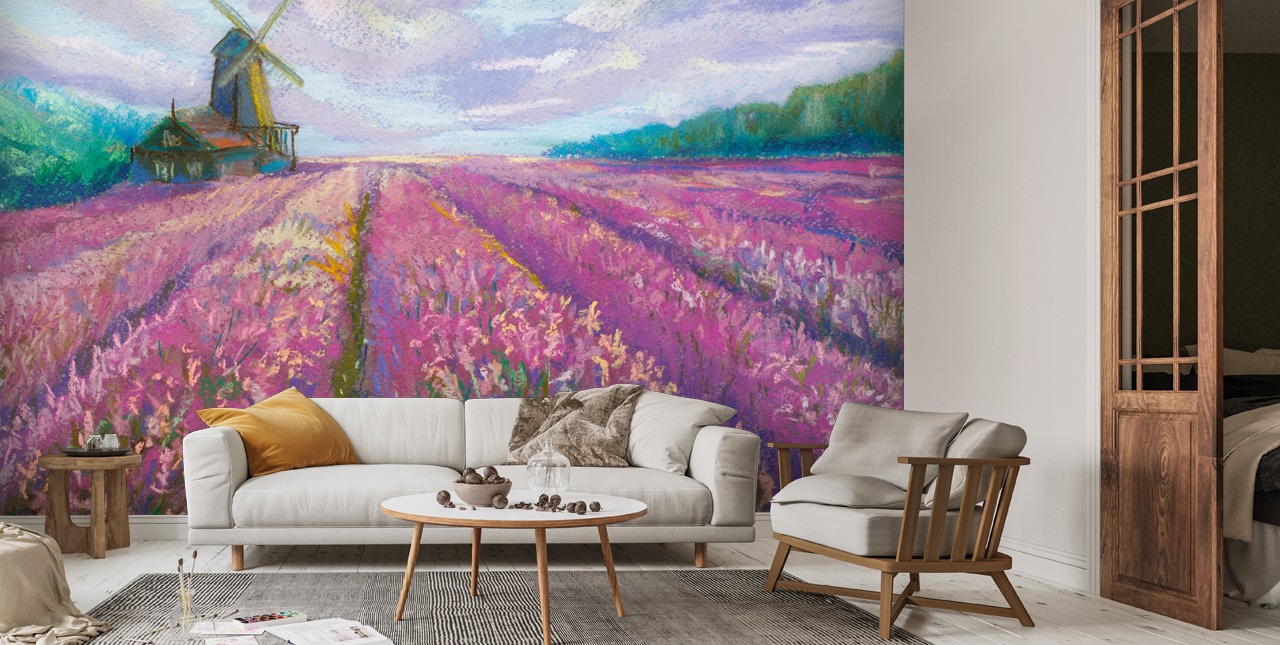 Windmill and Lavender Field Wallpaper Mural | Wallsauce UK