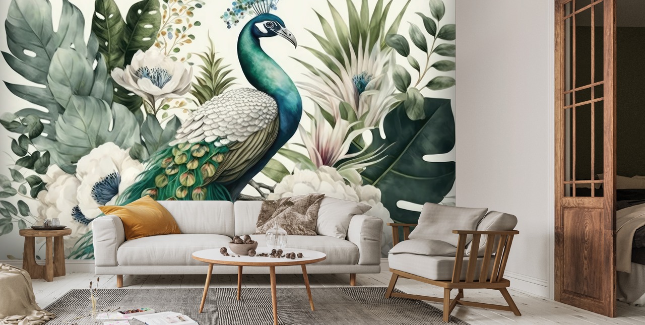 Mural de papel pintado de pavo real verde tropical | Wallsauce ES