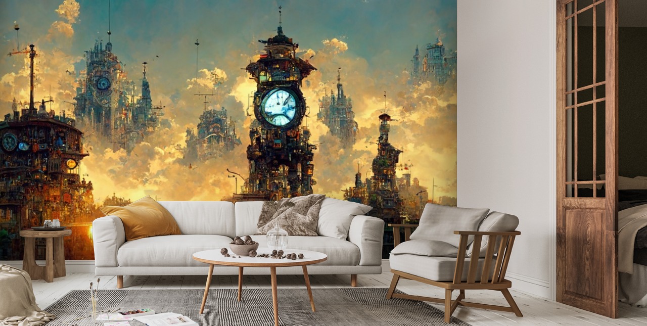 Fantasy architecture. ancient clock tower. steampunk city. atompunk ...