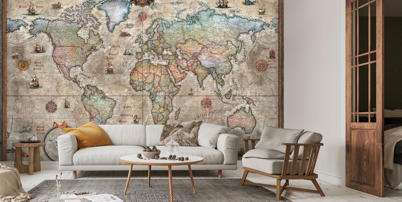 Retro World Map Mural by Ray & Co | Wallsauce US
