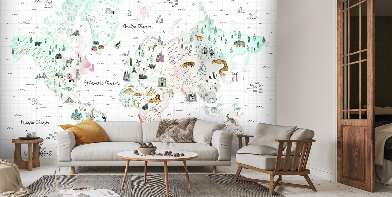 Mural con mapa cuadriculado de World Traveller de Laura Marshall ...