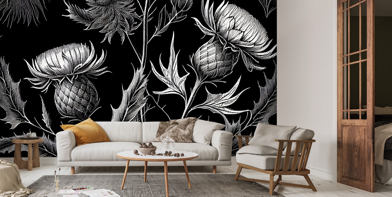 Mural de papel de parede de cardo preto e branco | Wallsauce PT