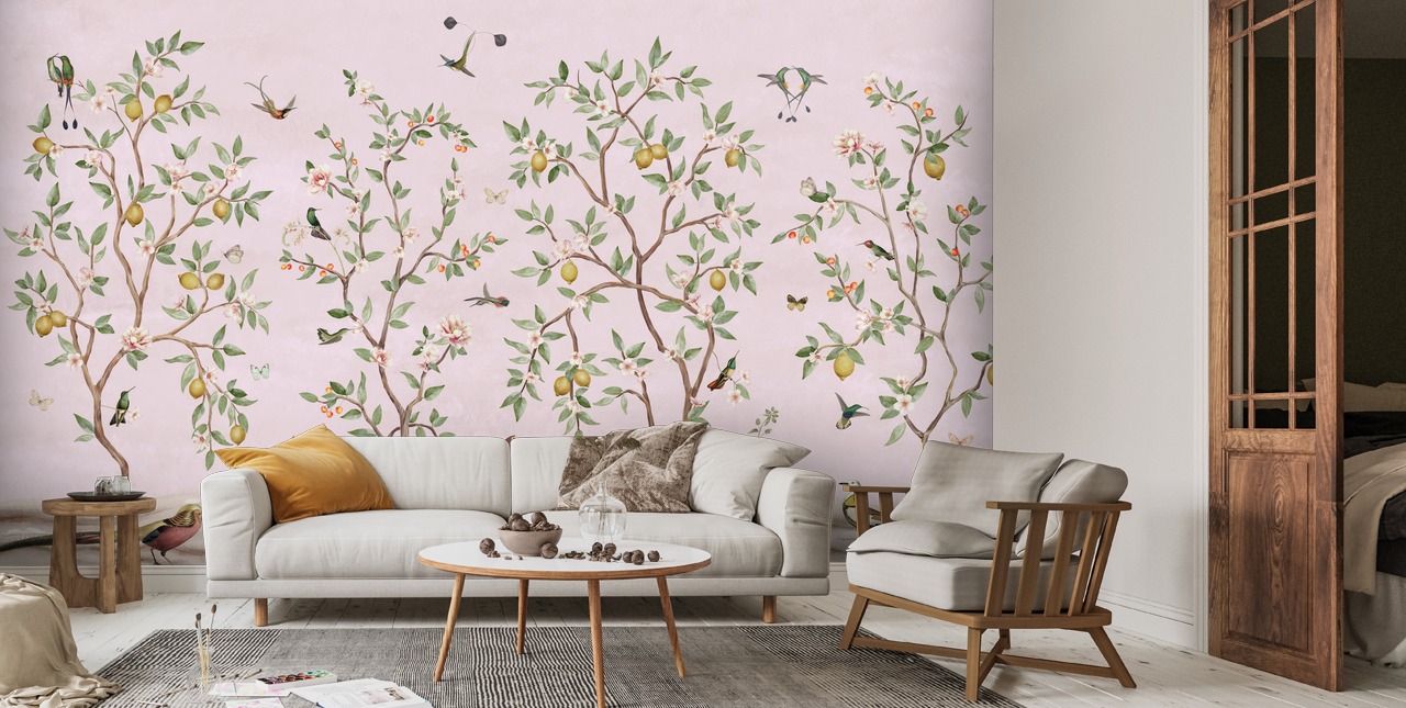 Lemon Tree Chinoiserie Mural In Pink | Wallsauce UK