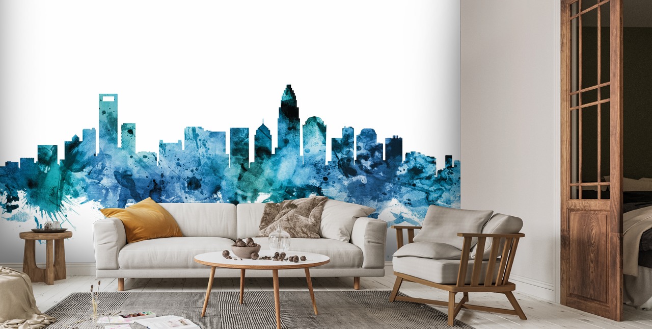 Charlotte, North Carolina Blue Skyline Mural | Wallsauce UK
