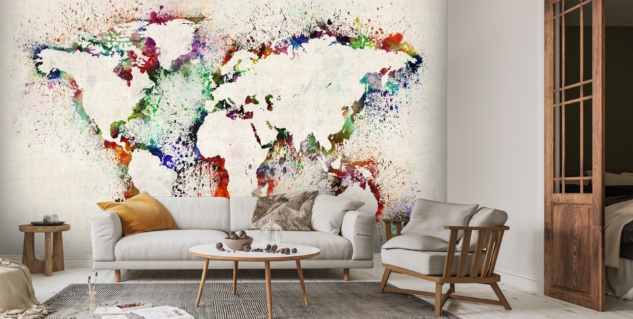 Map Of The World Paint Splashes Wall Mural | Wallsauce UK