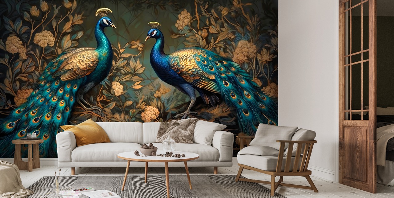 Mural de papel pintado de pavos reales verdes y dorados | Wallsauce ES