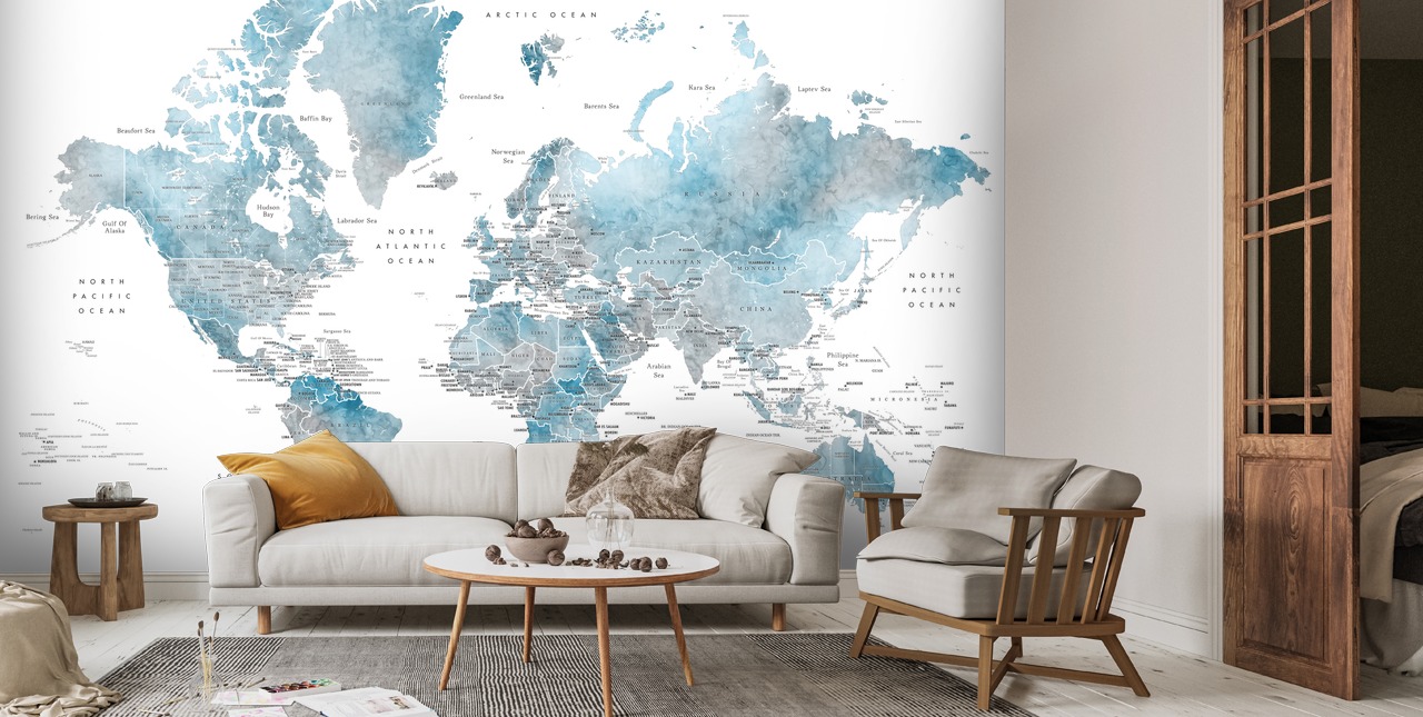 World Map Mural With Capital Cities In Blue | Wallsauce UK