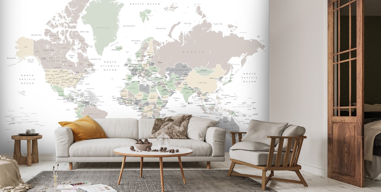 World Map Mural With Capital Cities In Pastel | Wallsauce UK