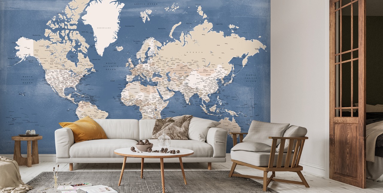 World Map Mural With Cities In Blue | Wallsauce US