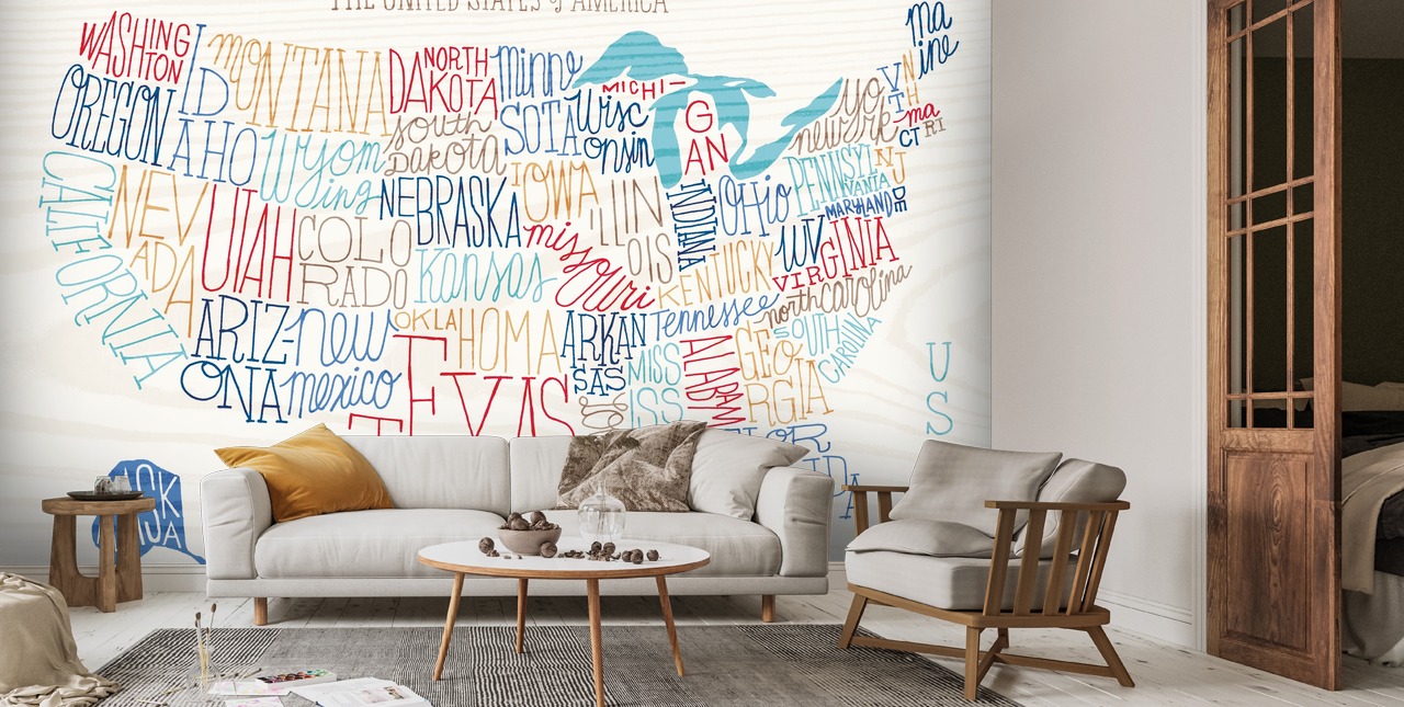 Hand Lettered USA Map Wall Mural | Wallsauce US