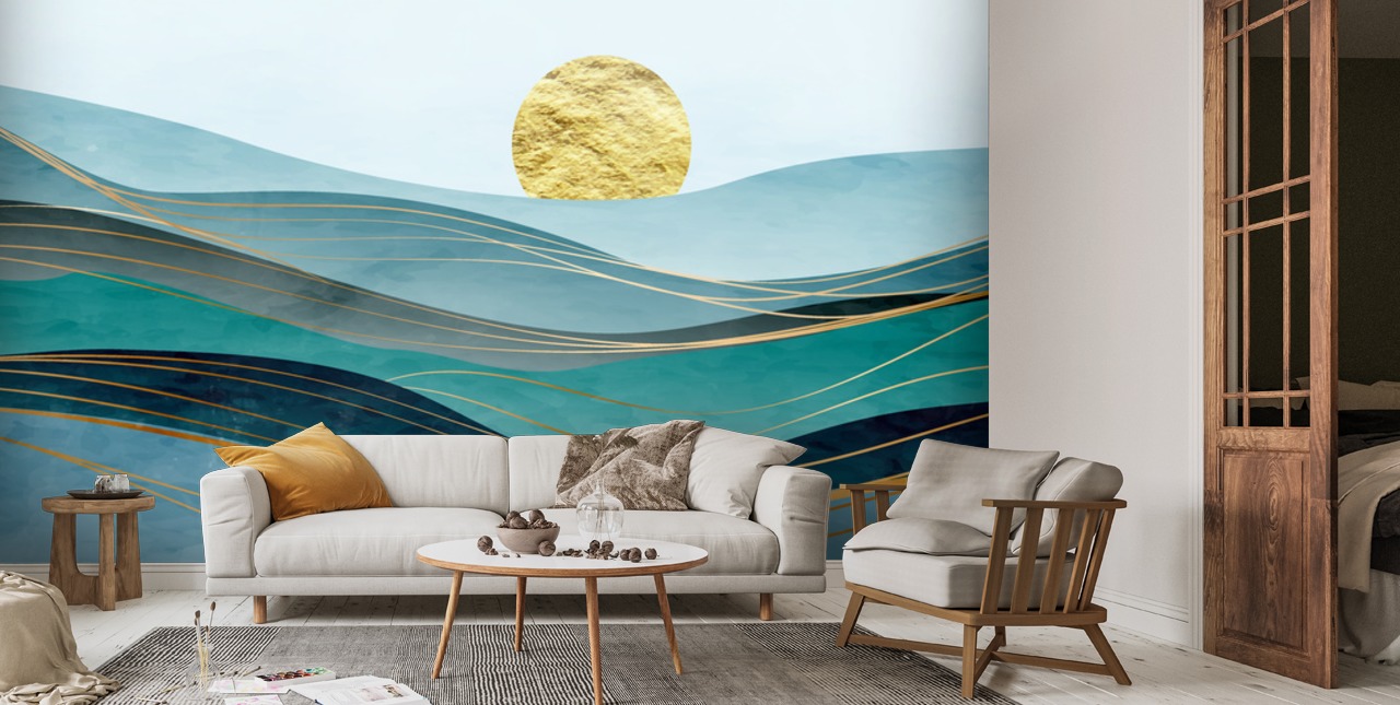 Landscape art background with mountains hills and waves in blue and ...