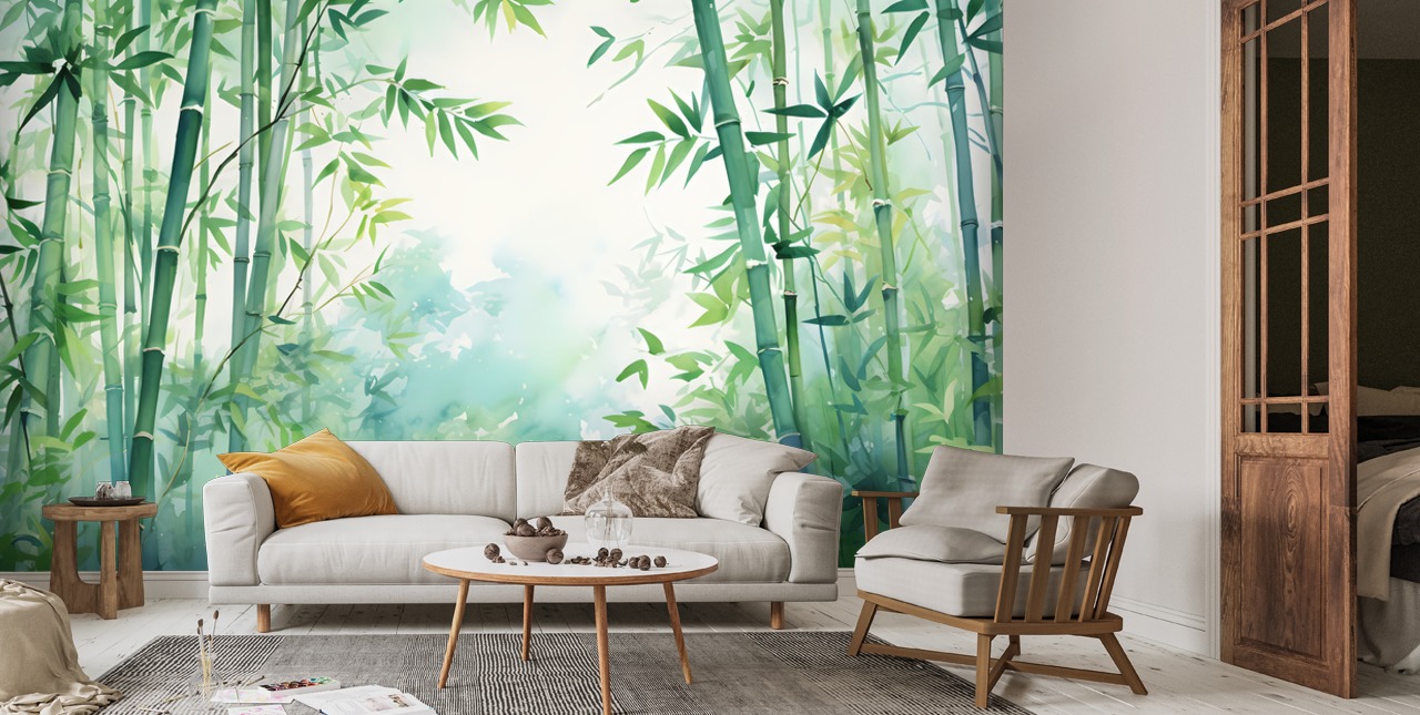 Tall tropical bamboo wall mural painted art watercolor art style ...