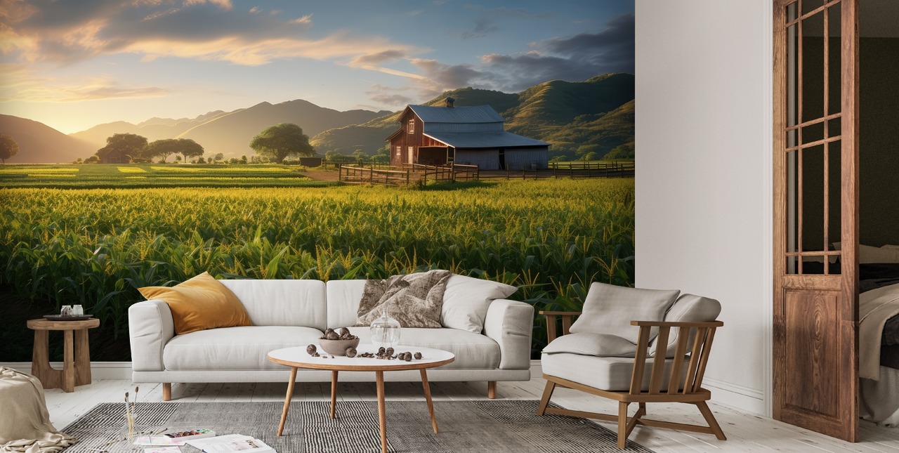 Beautiful barn on farm with corn field. AI generated. | Wallsauce US