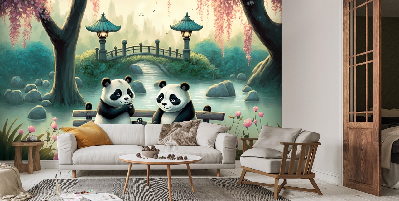 Cute Pandas In The Park Wallpaper Mural | Wallsauce US