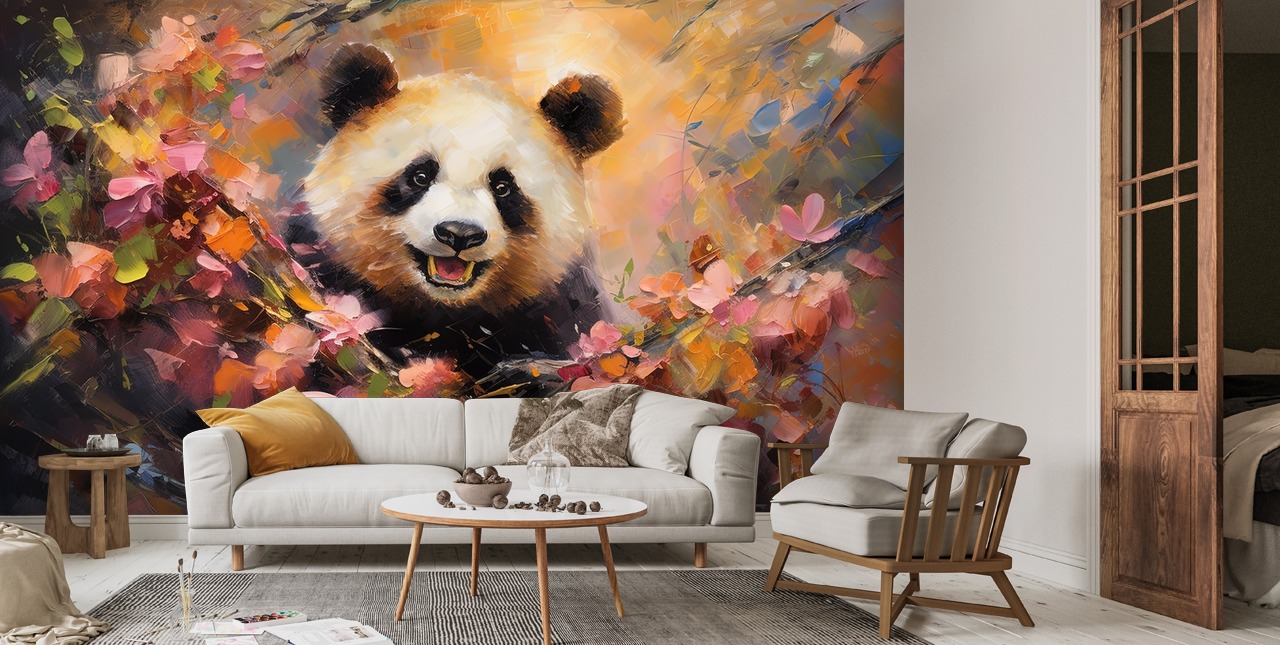 Panda Bear in Flower Blossom Wallpaper Mural | Wallsauce US