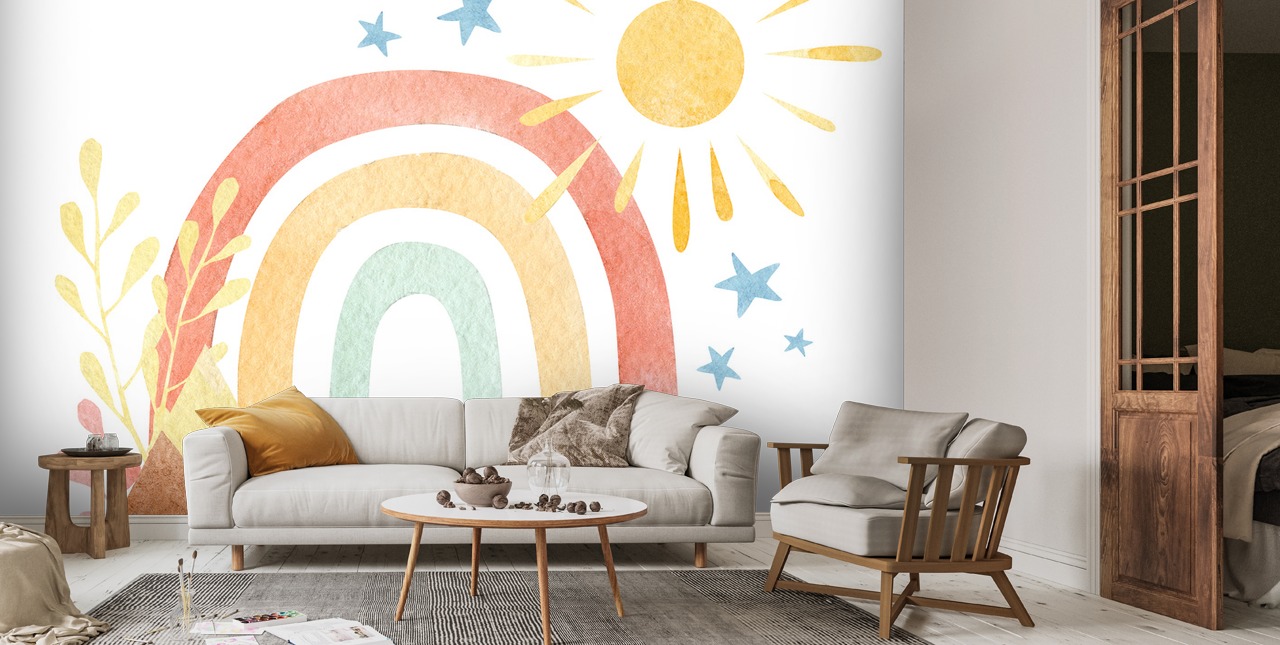 Boho-Tapete mit Regenbogen und Bergen | Wallsauce DE