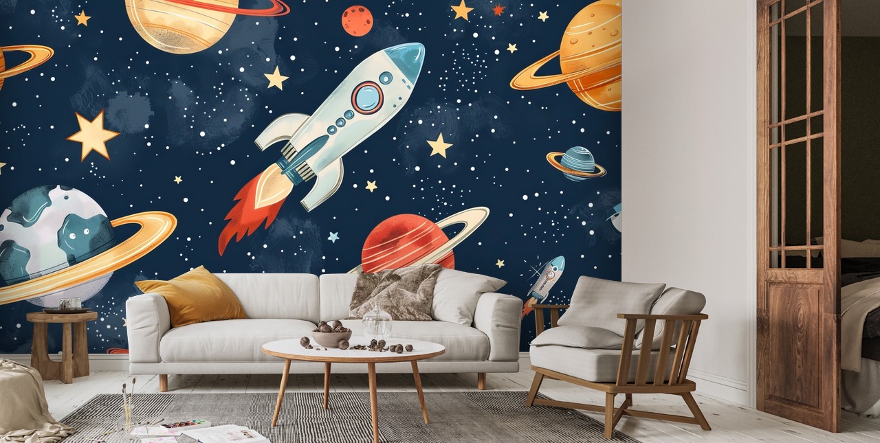Rakett Og Planeter Tapetmaleri | Wallsauce NO