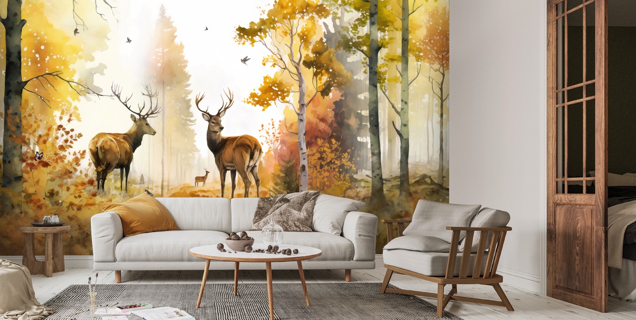 Stags in the Forest Wallpaper- Illustration | Wallsauce CA