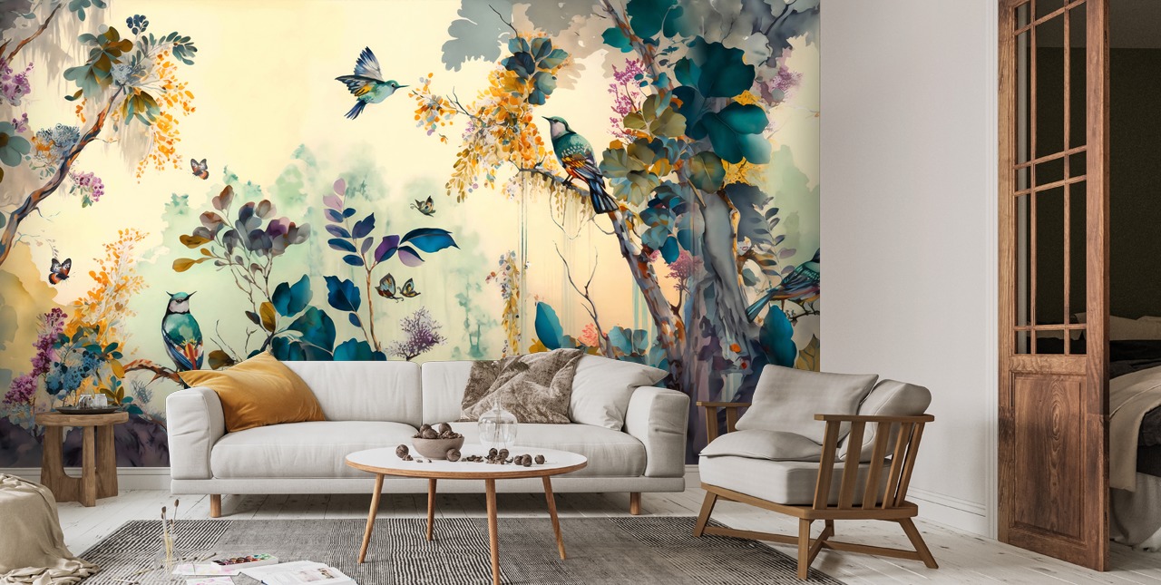 Tropiske fugle ved daggry Vægmaleri - Vildmark | Wallsauce DK